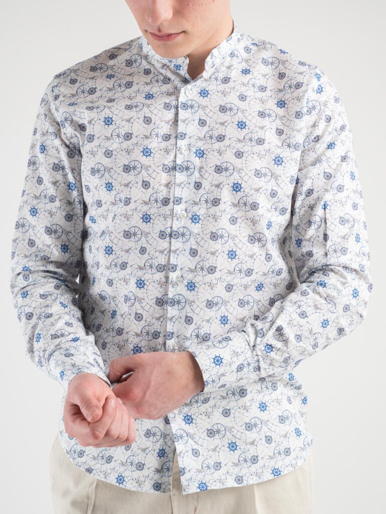 ESTASI Camicia coreana in cotone bianca con fantasia carta nautica MR ...